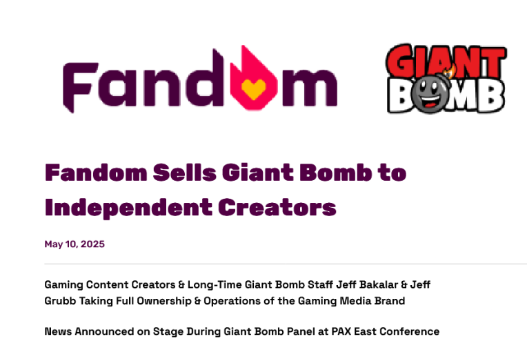 Fandom Sells Giant Bomb to Independent Creators